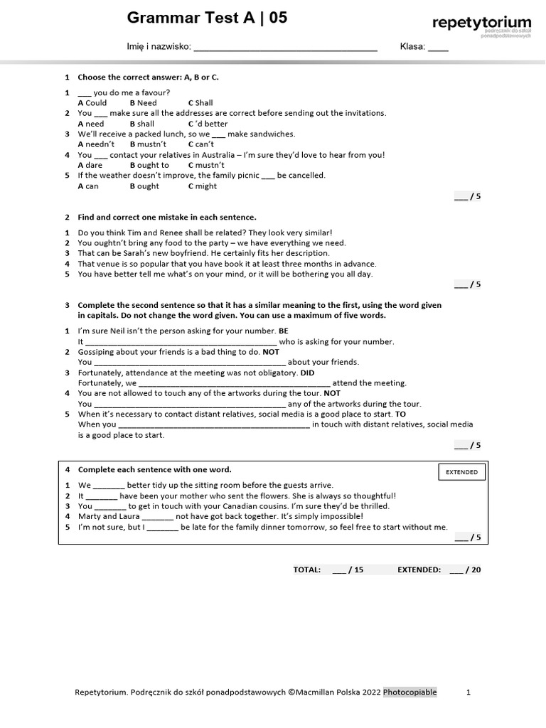 Grammar Test 5A - Merged | PDF
