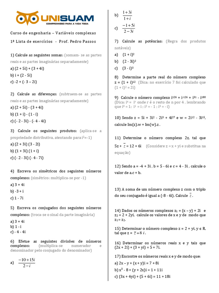 Lista de Exercícios: Números Complexos | PDF | Número complexo | Análise complexa
