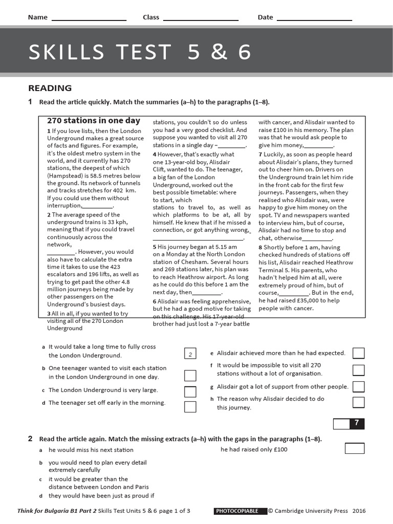 Think For Bulgaria B1 Part 2 Skills Test Units 5-6 | PDF