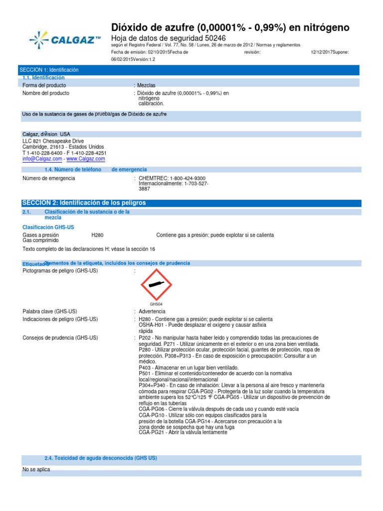 Hoja MSDS-SO2 GHS-Español 11 | PDF | Primeros auxilios | Administración ...