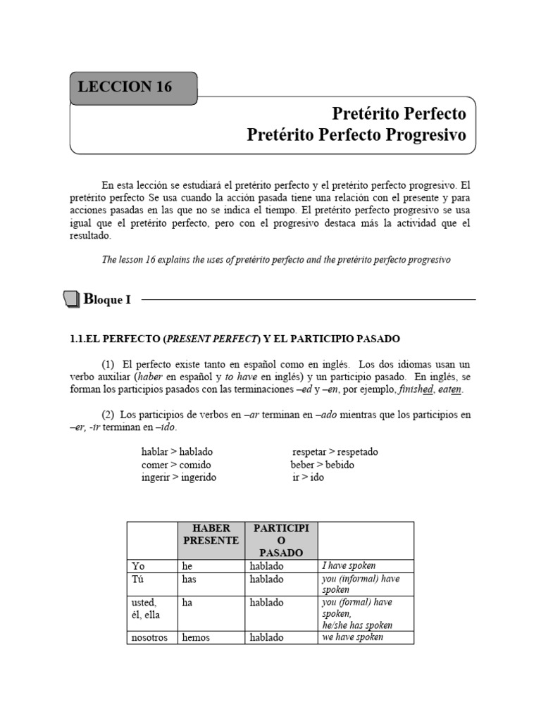 El Pretérito Perfecto | PDF | Verbo | Mecánica del lenguaje