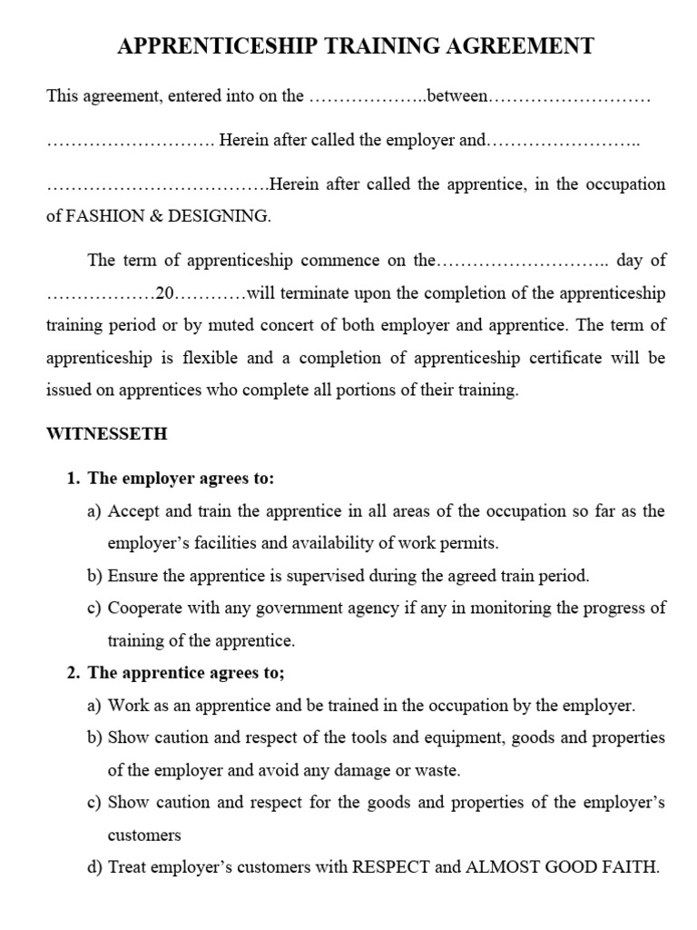 Apprenticeship Training Agreement | Download Free PDF | Apprenticeship | Employment