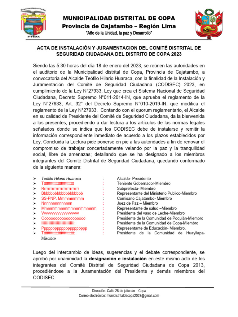 Acta de Instalacion y Juramentacion Codisec - Copa 2023 | PDF | Alcalde | Gobernancia
