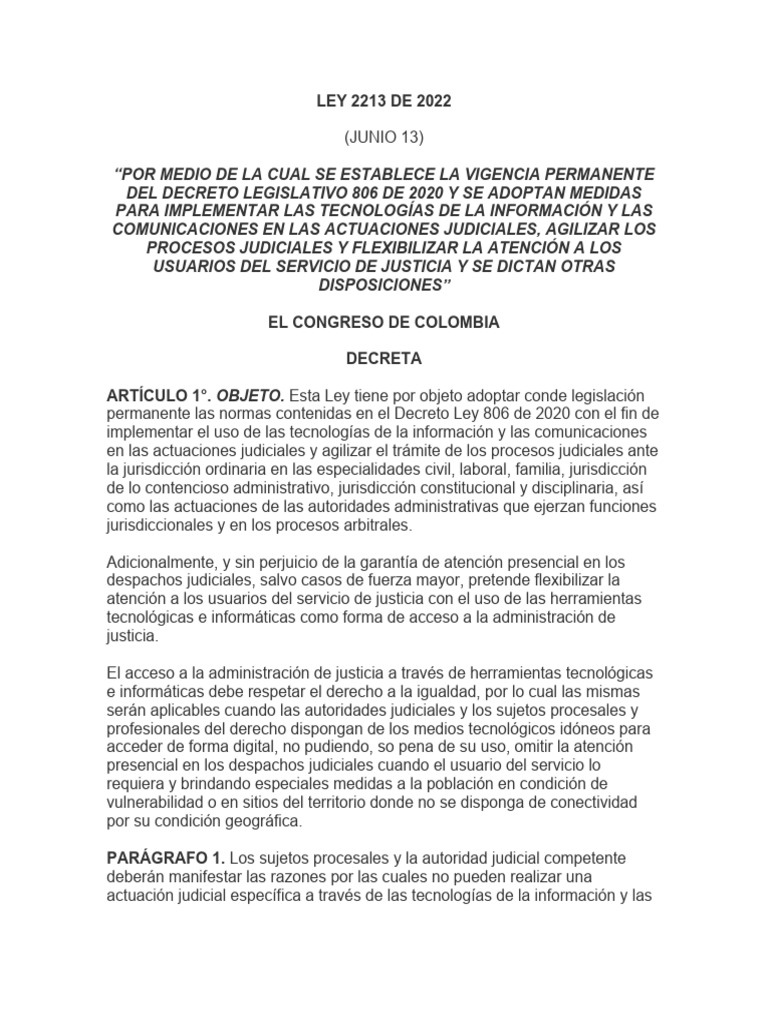 Ley 2213 de 2022 | PDF | Apelación | Demanda judicial