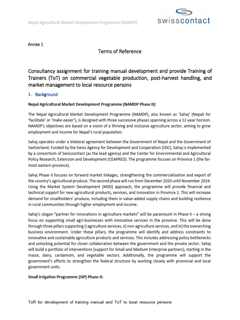 ToR - Training Manual Development and ToT - Final 08042022 | PDF | Agriculture | Irrigation