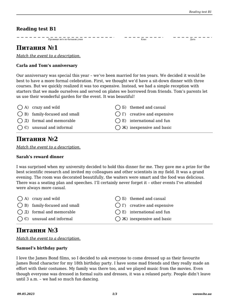 CEFR B1 Reading Test Overview | PDF | United Kingdom
