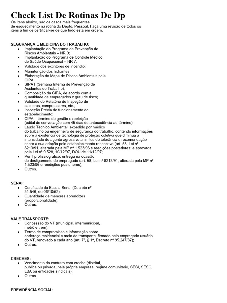 Check List de Rotinas de Dep. Pessoal e Recursos Humanos | Download ...