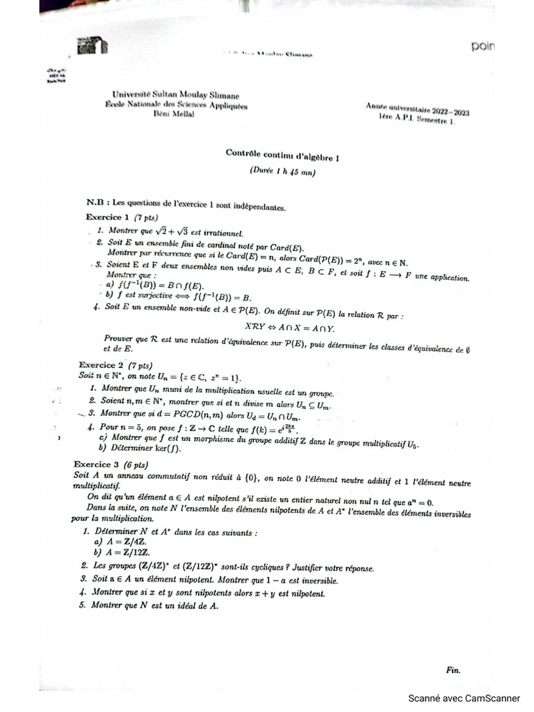 Contrôle Algèbre | PDF