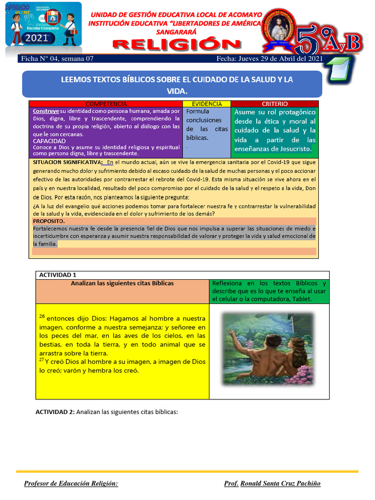 5º A-B Ficha Nº 04 Religión Semana 7 Terea Real | PDF | Creencia religiosa y doctrina