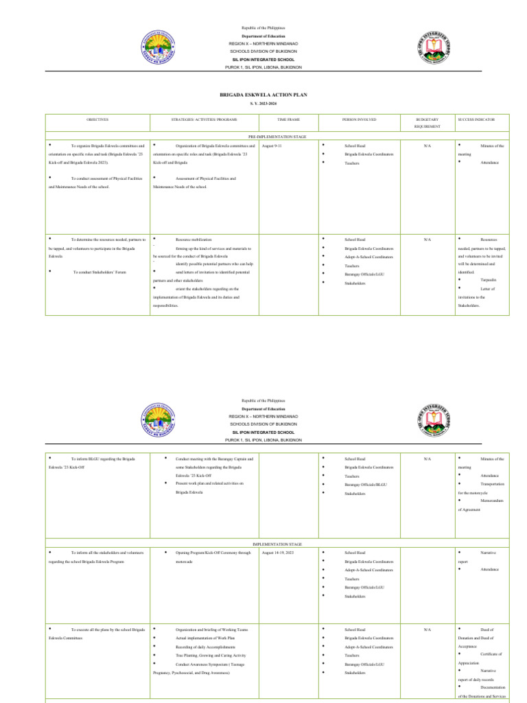 Sample Brigada Eskwela Action Plan