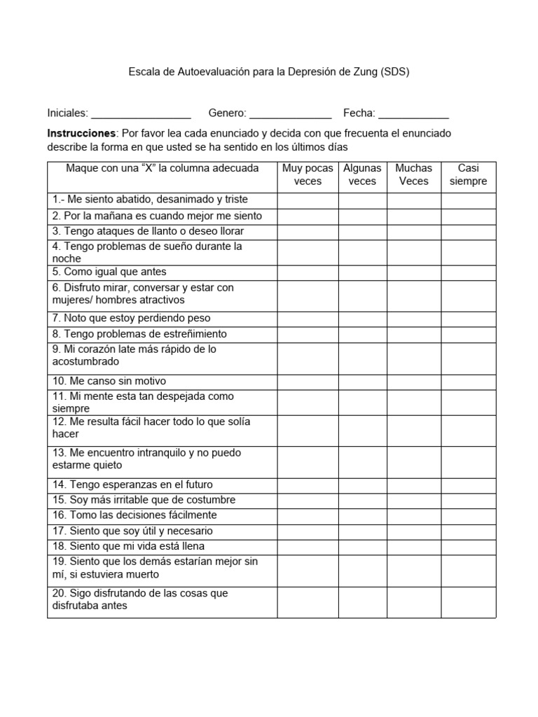 Escala Zung para Autoevaluación de Depresión | PDF