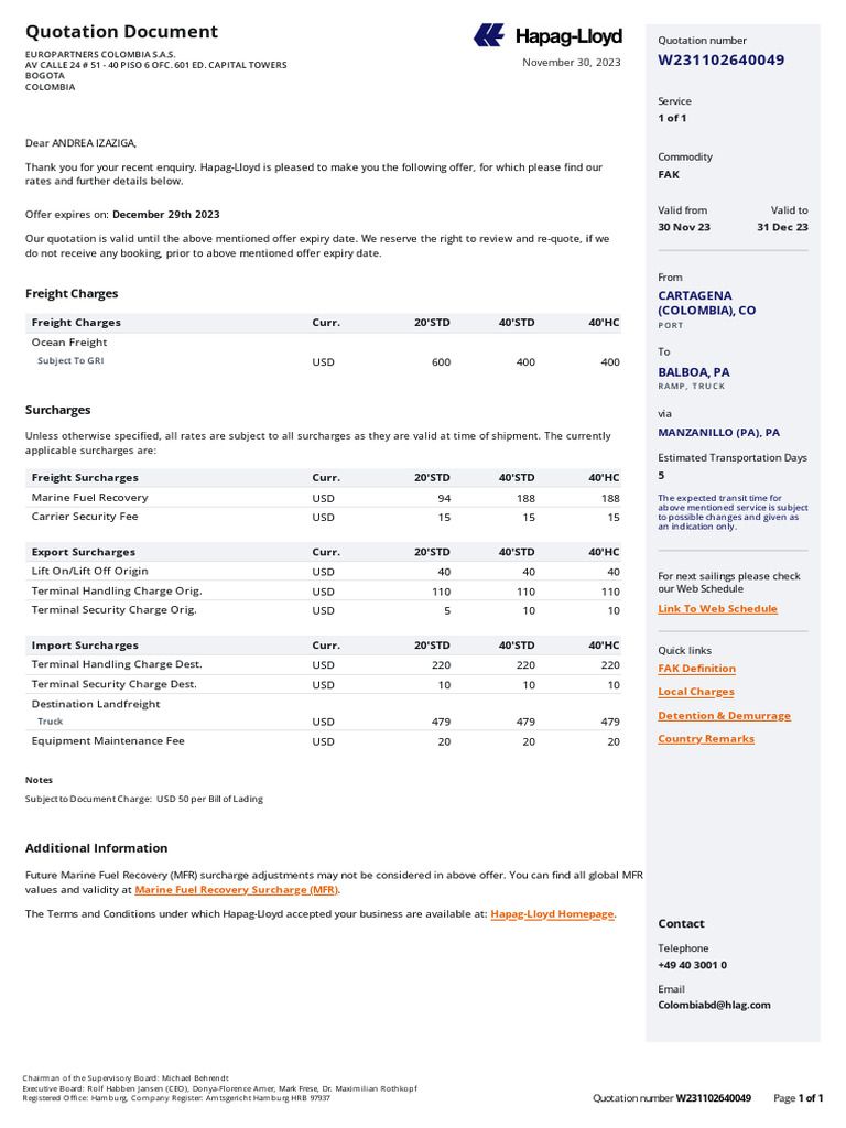 Quotation W231102640049 COCTG PABLB | PDF | Cargo | Freight Transport
