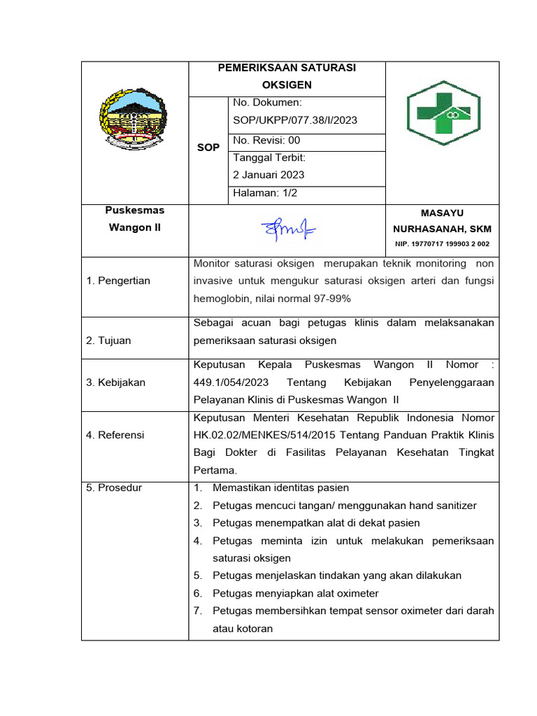 SOP Pengukuran Saturasi Oksigen | PDF