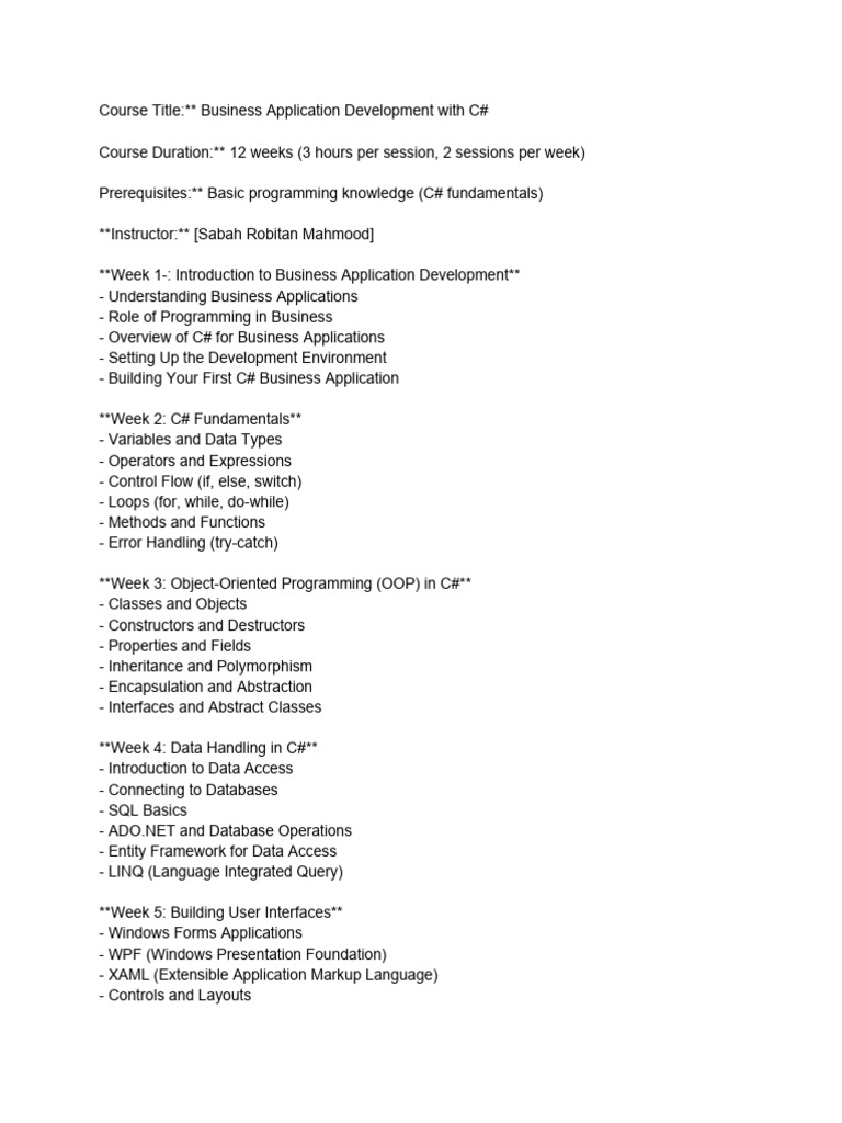 Course Title - Business Application Development With C# | PDF | C Sharp (Programming Language ...