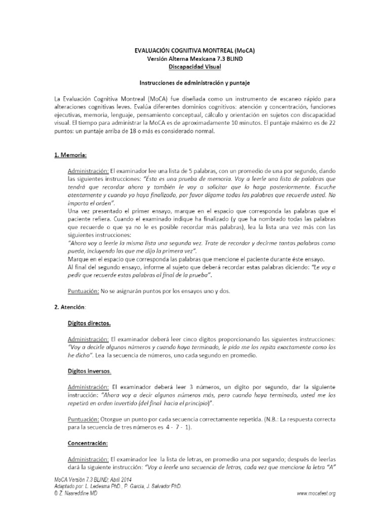 (MoCA) Versión Alterna Mexicana 7.3 BLIND Discapacidad Visual | PDF
