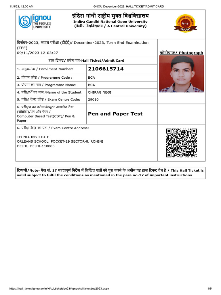 Ignou December-2023 - Hall Ticket - Admit Card | PDF