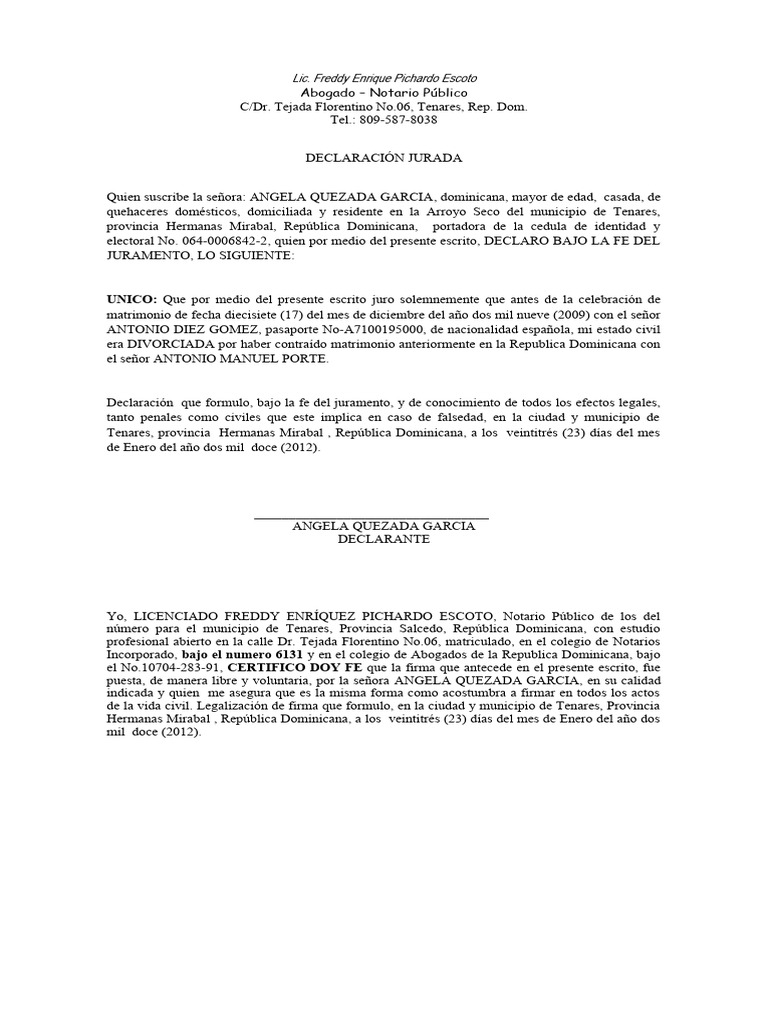 Declaracion Jurada de Solteria Angela Quezada | PDF