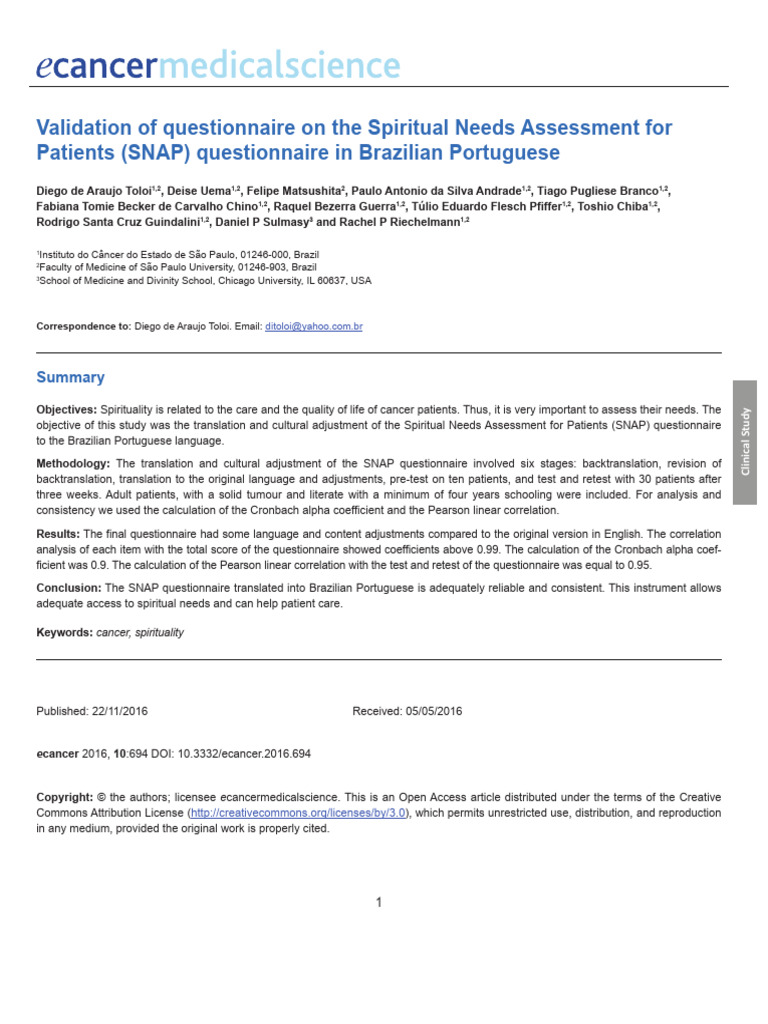 Validation of Questionnaire On The Spiritual Needs Assessment For ...