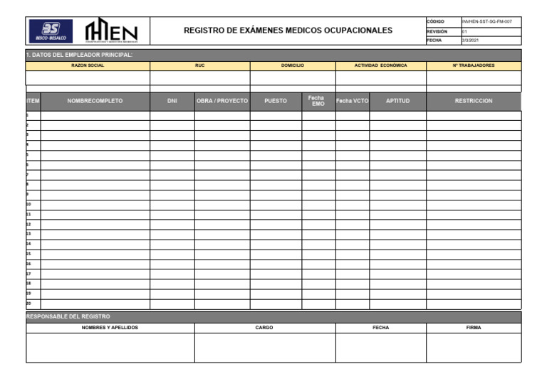 Registro de Exámenes Medico Ocupacionales | PDF