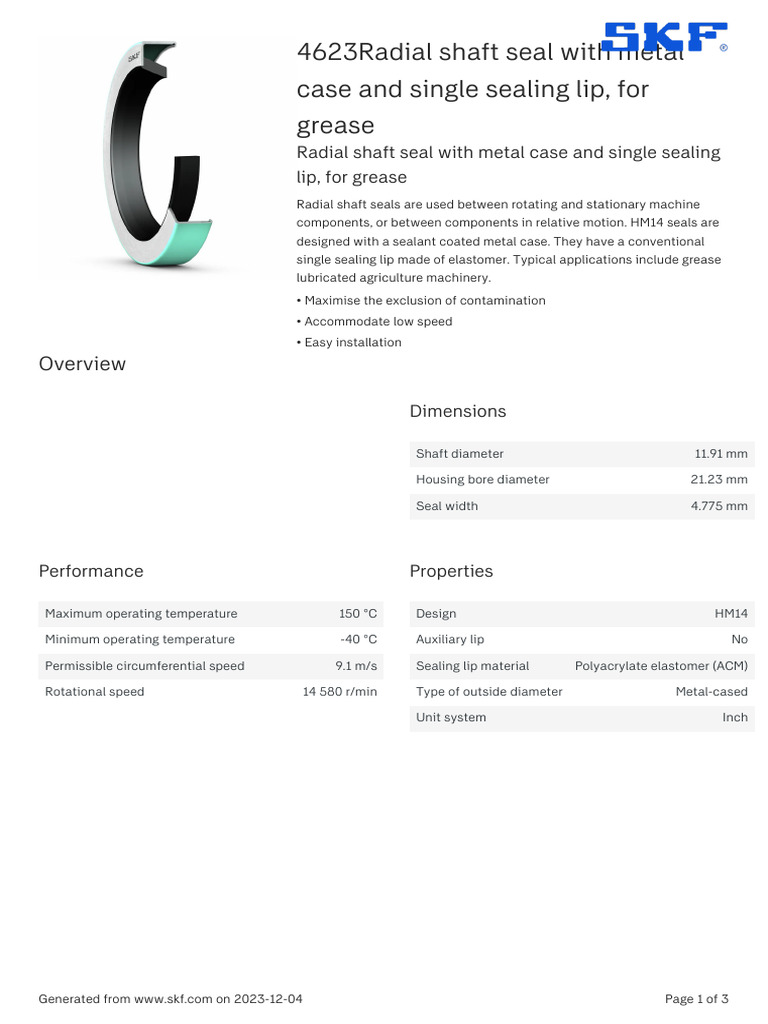 SKF 4623radial Shaft Seal With Metal Case and Single Sealing Lip, For Grease Specification | PDF ...