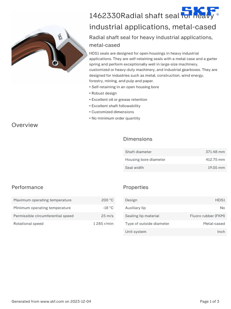 SKF 1462330radial Shaft Seal For Heavy Industrial Applications, Metal-Cased Specification ...