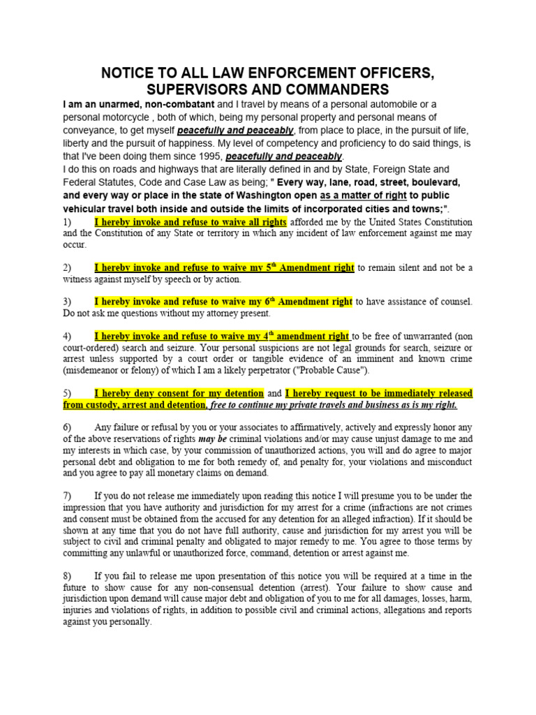 Rights Notice for Law Enforcement Interactions | PDF | Arrest ...