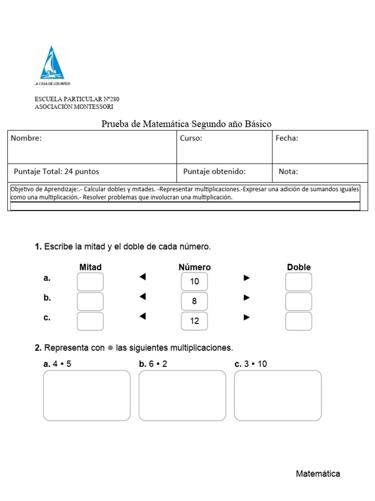 Prueba de Matemática Segundo Año Basico | PDF | Multiplicación | Matemáticas