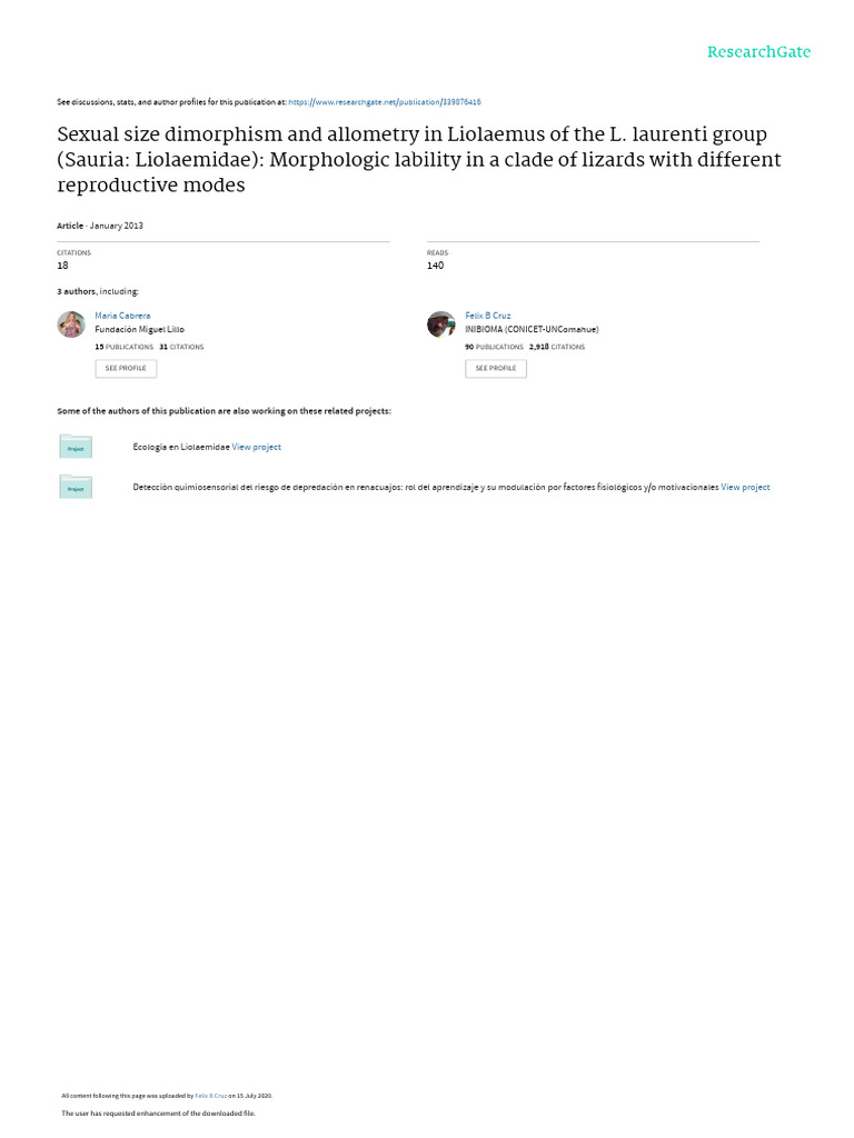 Sexual Size Dimorphism Liolaemus Pdf Sexual Dimorphism Mean