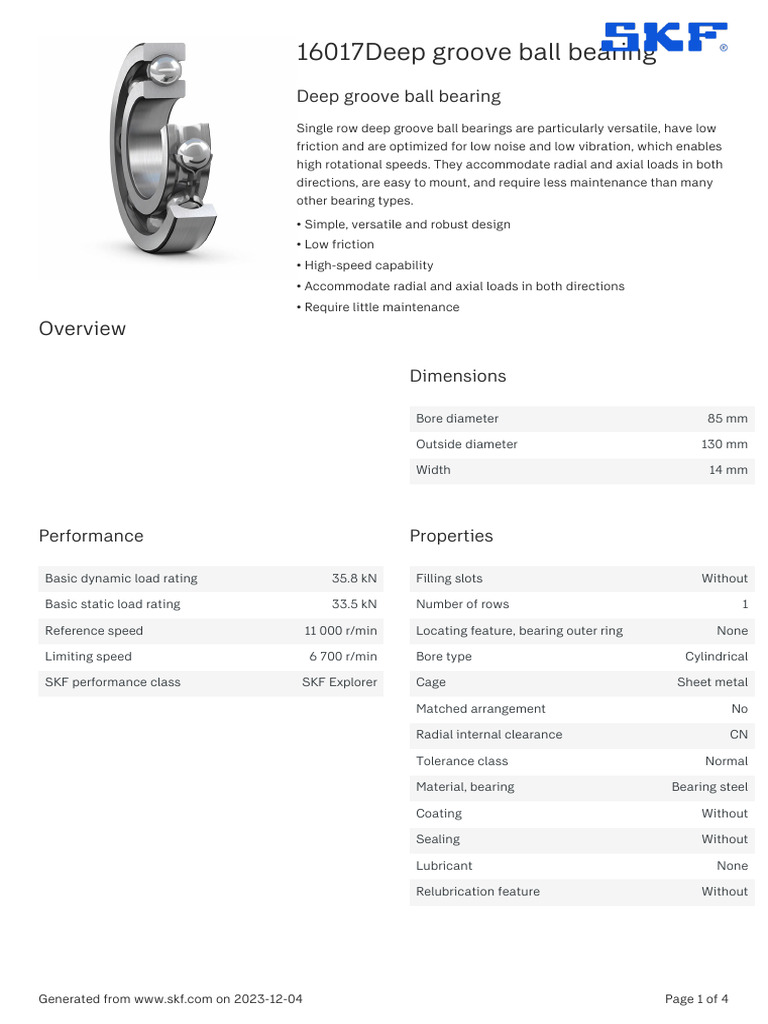 SKF 16017deep Groove Ball Bearing Specification | PDF | License ...