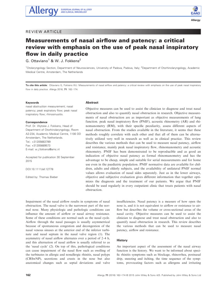 Allergy - 2015 - Ottaviano - Measurements of Nasal Airflow and Patency ...