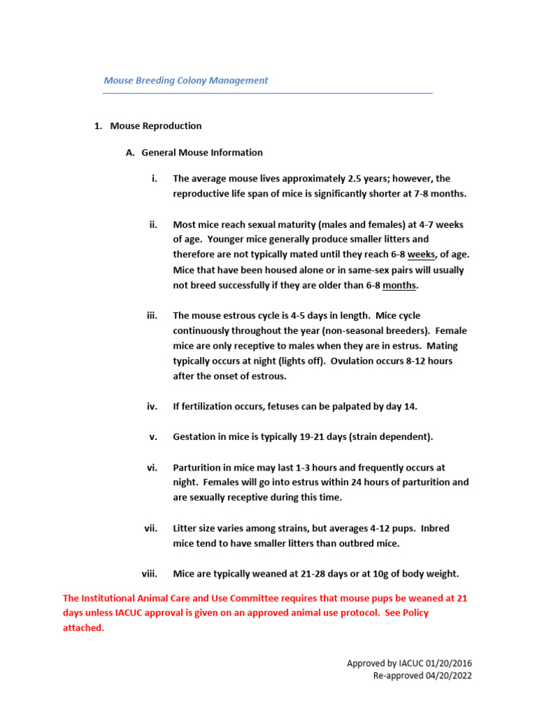 Mouse Breeding Colony Management Document | PDF | Inbreeding | Reproduction