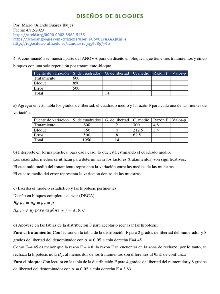 Diseños de Bloques en Estadística | PDF | Valor P | Análisis de variación