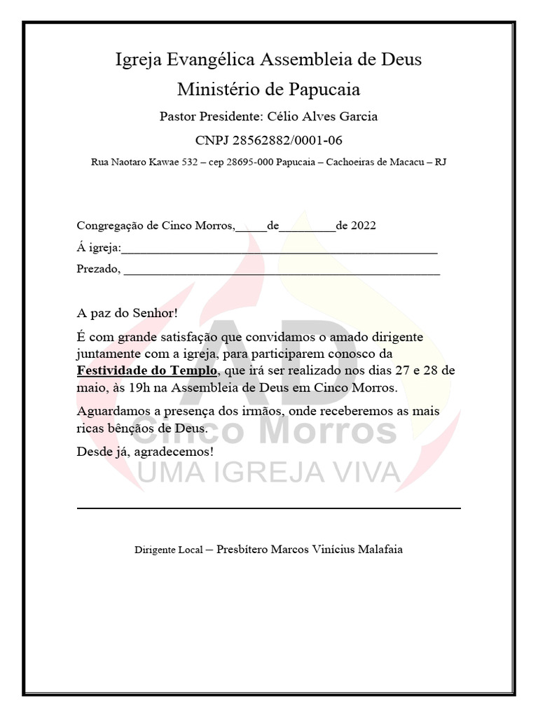 Carta - Igreja Evangélica Assembleia de Deus | PDF