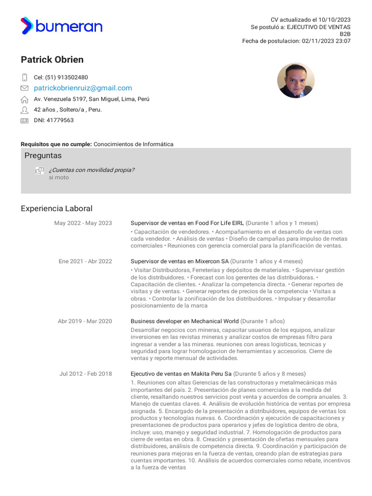 EJECUTIVO DE VENTAS B2B CV Patrick Obrien | PDF | Marketing | Economias