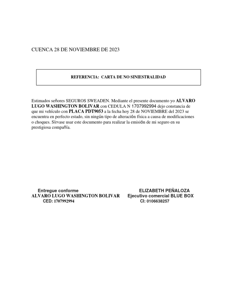 Carta de No Siniestralidad Vehicular | PDF | Derecho