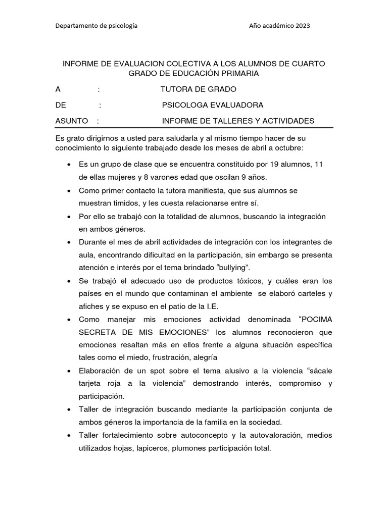 Informe de Evaluacion Colectiva A Los Alumnos de Tercer Grado de ...