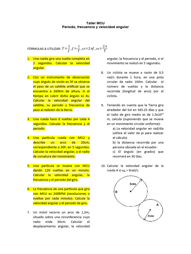 Taller MCU Periodo, Frecuencia y Velocidad Angular | PDF | Velocidad | Frecuencia