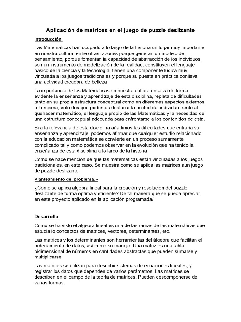 Aplicación de matrices en el juego de puzzle deslizante | PDF | Matriz ...