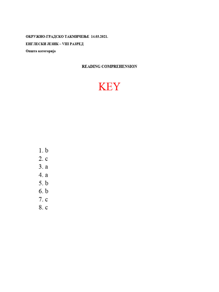 Okruzno Takmicenje 2021 Reading Key | PDF