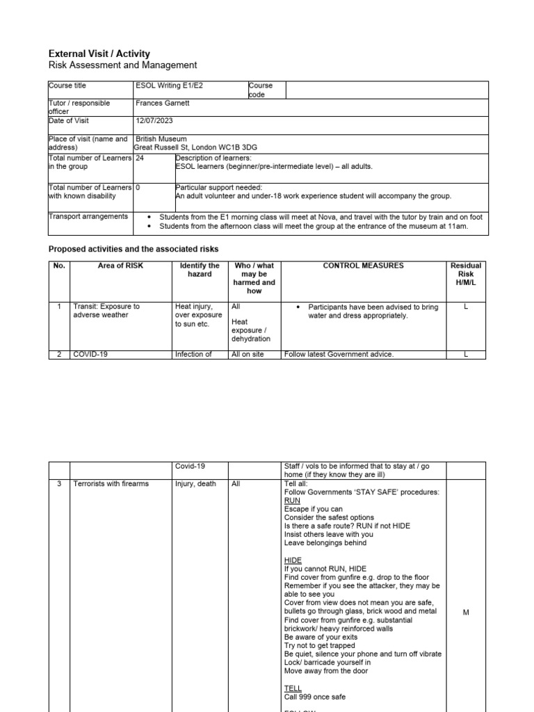 ESOL Writing E1/E2 Risk Assessment | PDF | Risk | Emergency