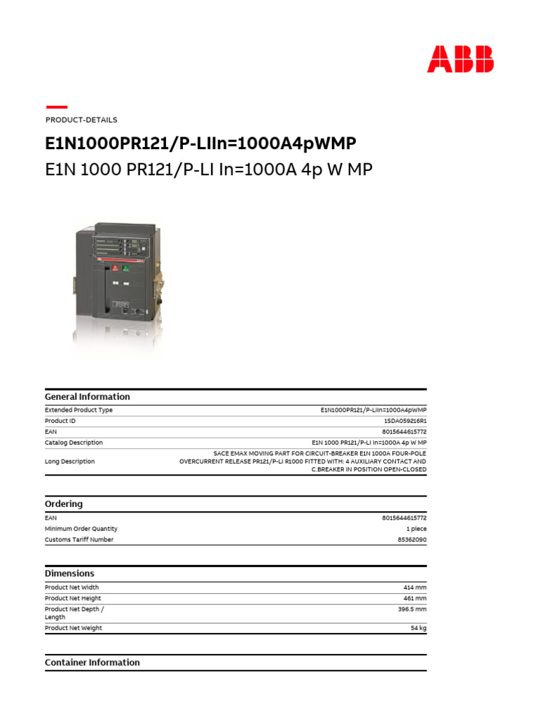 Abb Power Circuit Breaker MCCB 1sda059216r1 8015644615772 Technical - Spec | PDF | Electrical ...