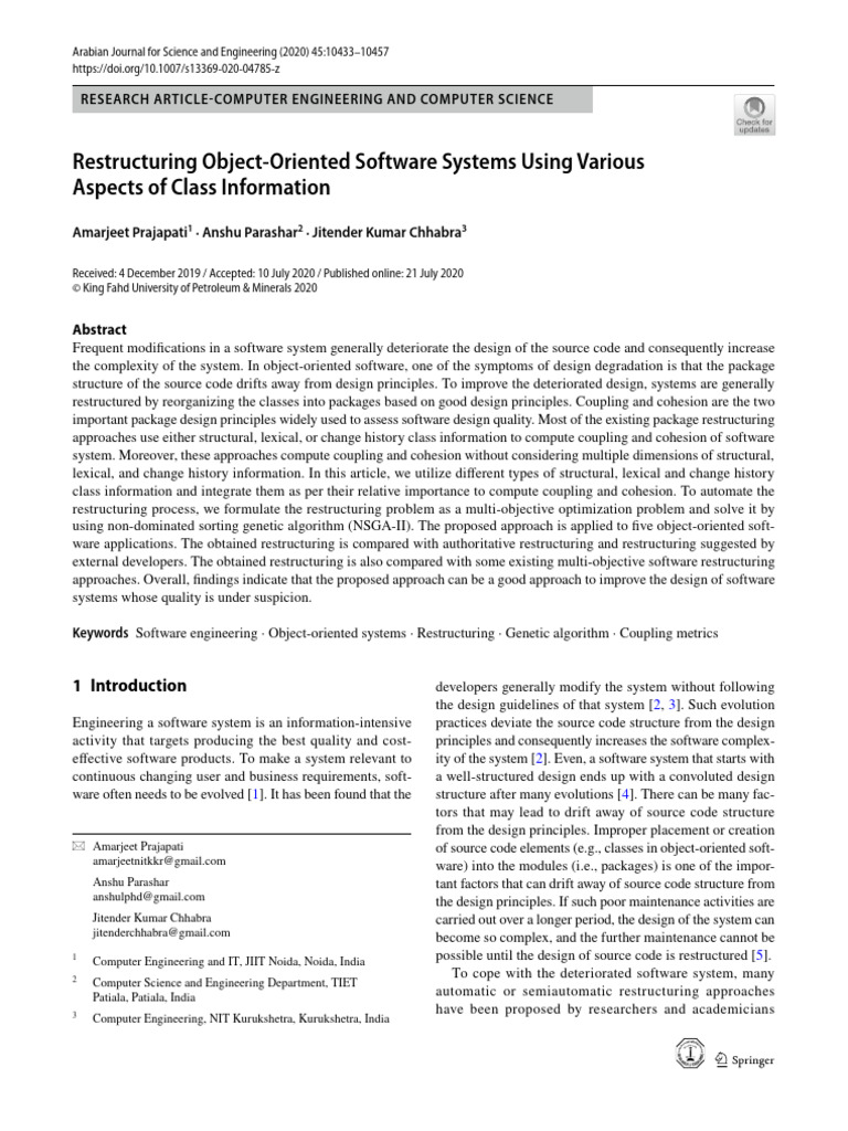 Restructuring Object Oriented Software Systems Using Various Aspects of Class Information | PDF ...