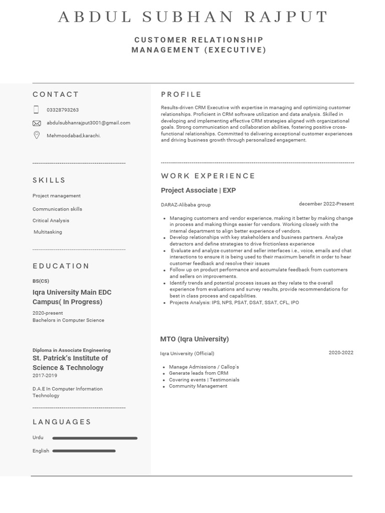 Abdul Subhan Rajput (Resume) | PDF | Customer Relationship Management | Human Communication