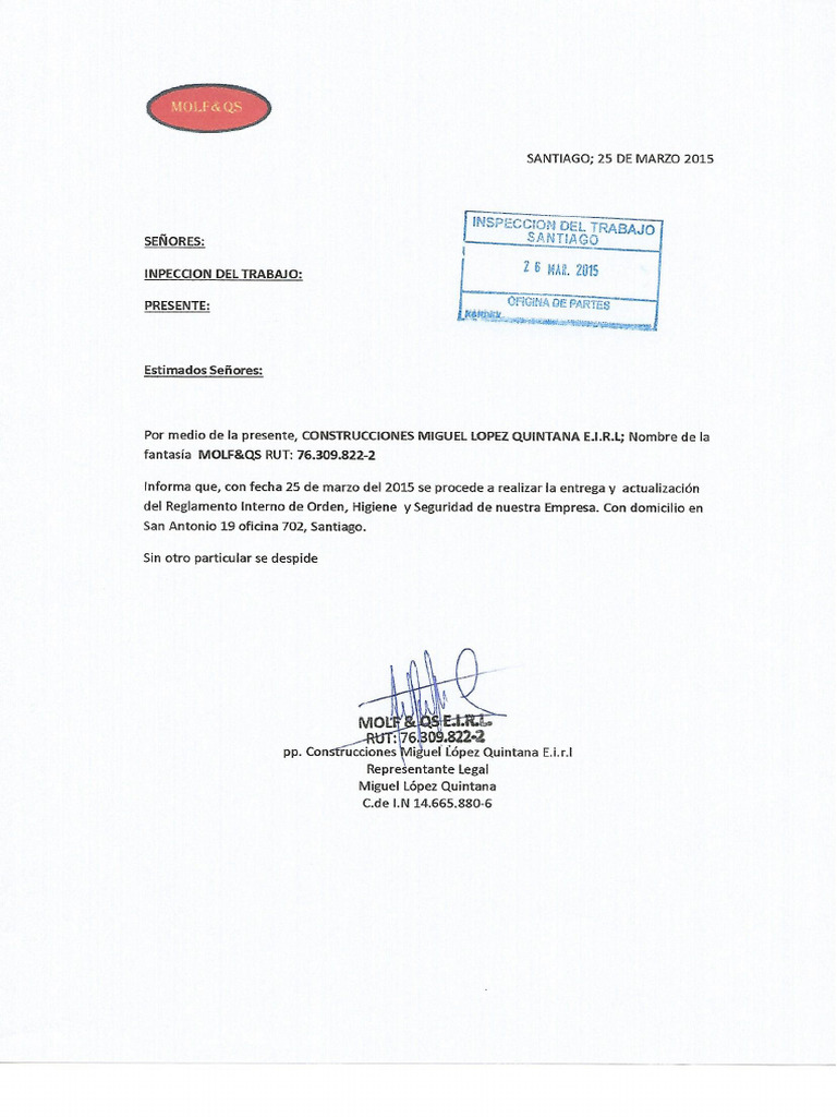 Carta Inspeccion Del Trabajo Reglamento Interno | PDF