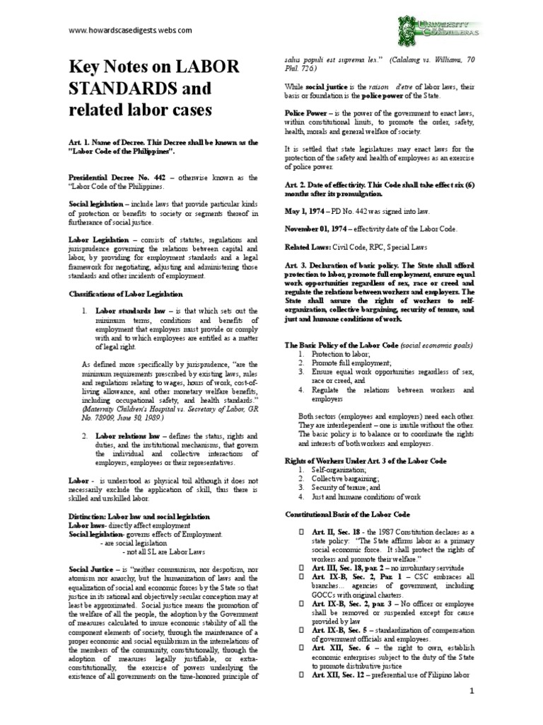 Key Notes On LABOR Standards and Related Labor Cases | PDF | Employment ...