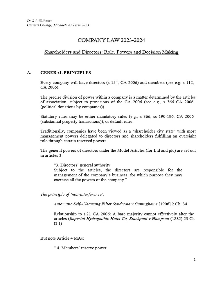 Company Law Handout 3 | PDF | Articles Of Association | Quorum