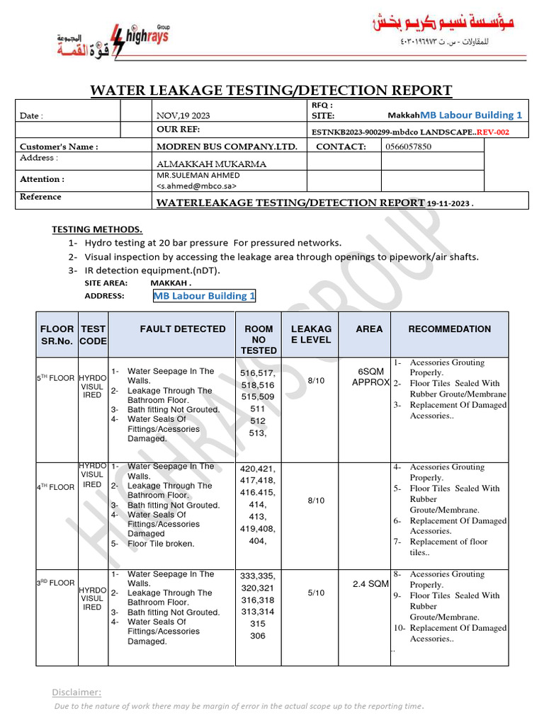 MB Building Leak Test Report | PDF | Bathroom | Leak