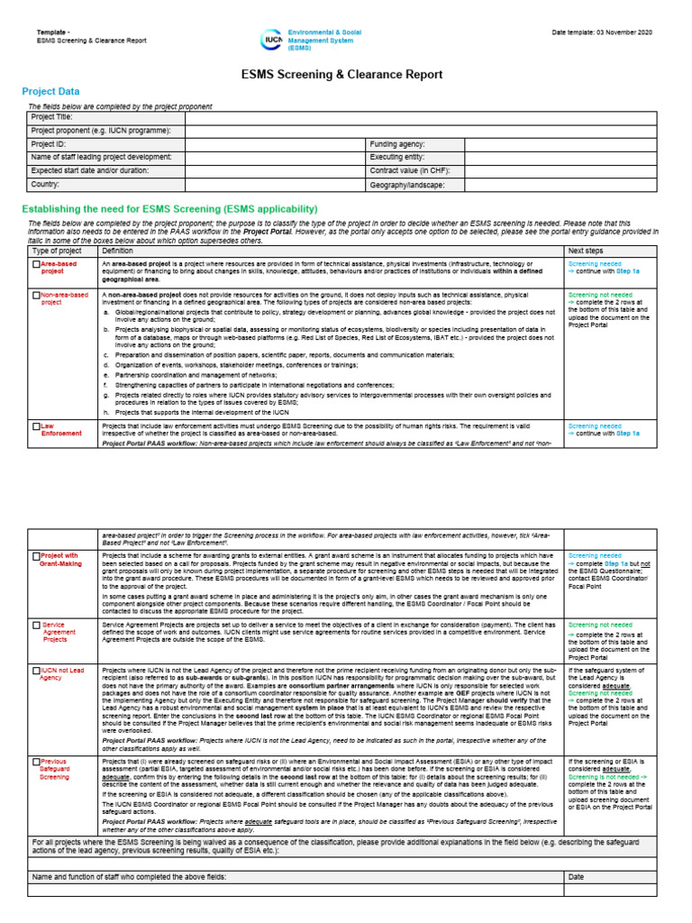Esms Screening and Clearance Template | PDF | Risk | Domestic Violence