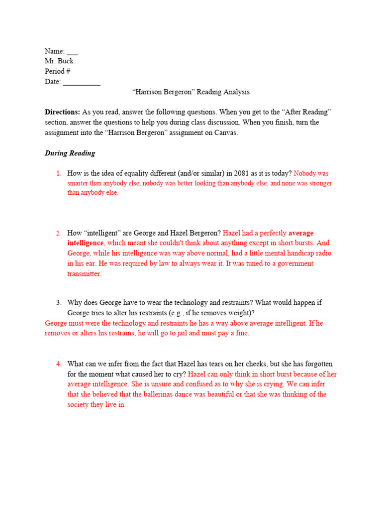 Lesson 1.3 Harrison Bergeron Reading Questions (1) Smeon T | PDF