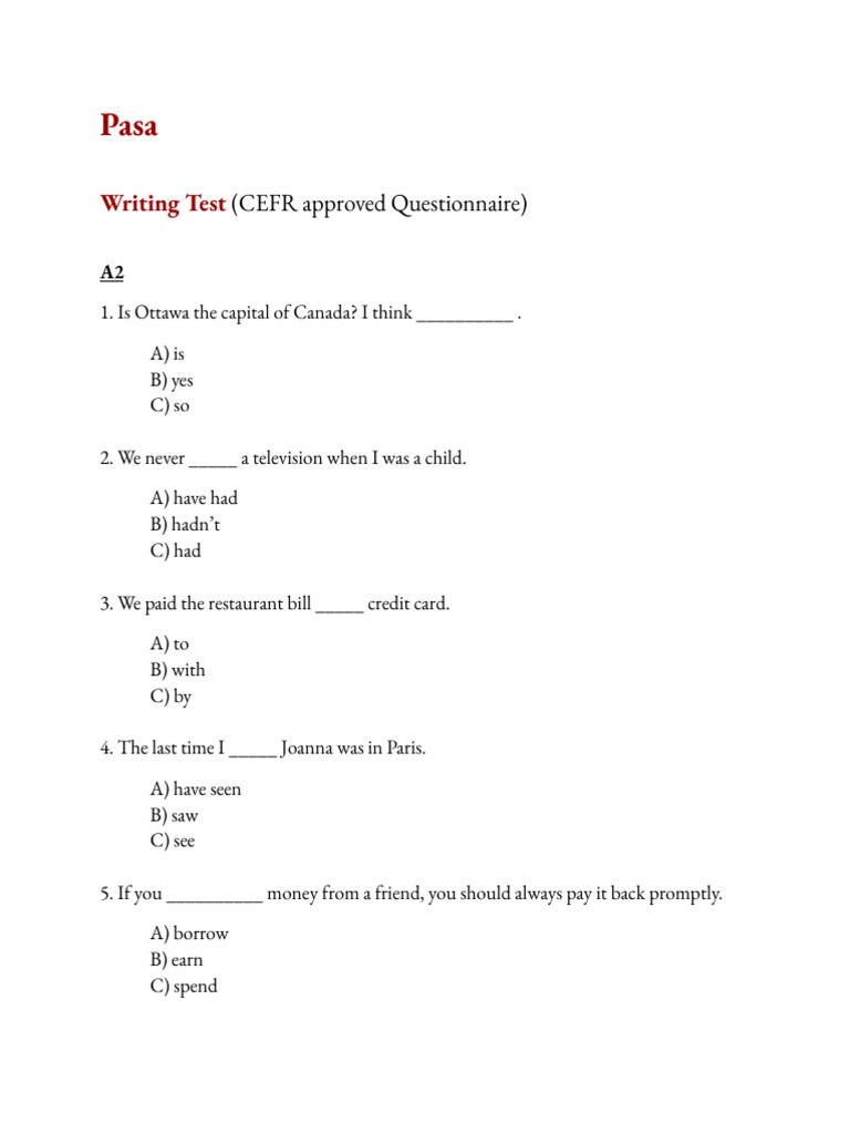 A2 Writing Test Questionnaire | PDF